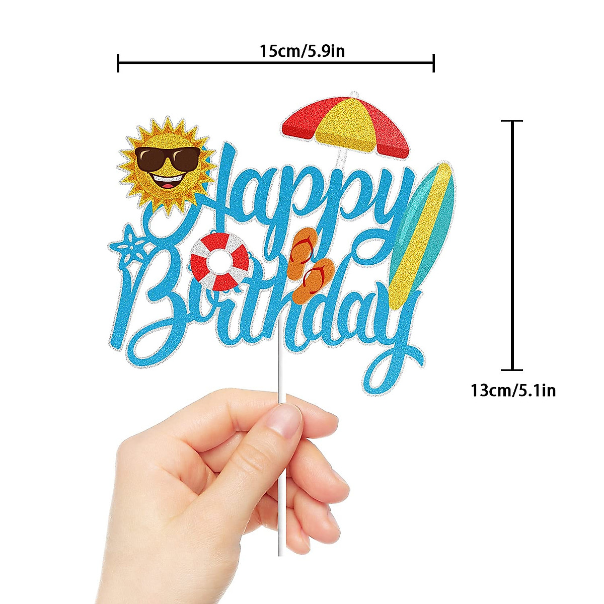Summer Beach Happy Birthday Cake Topper Blue Glitter Summer Pool Swimming Surfing Party Decoration Summer Holiday Birthday Party Favor Supplies