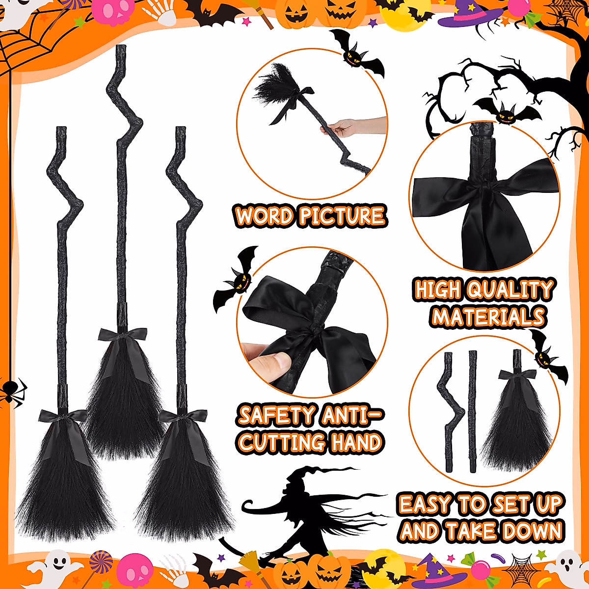 Liliful 3 Pcs Halloween Witch Broom Witch Broomstick with Ribbon Wizard Broomstick Halloween Decor for Kids and Adults, Party Cosplay Costume Accessories