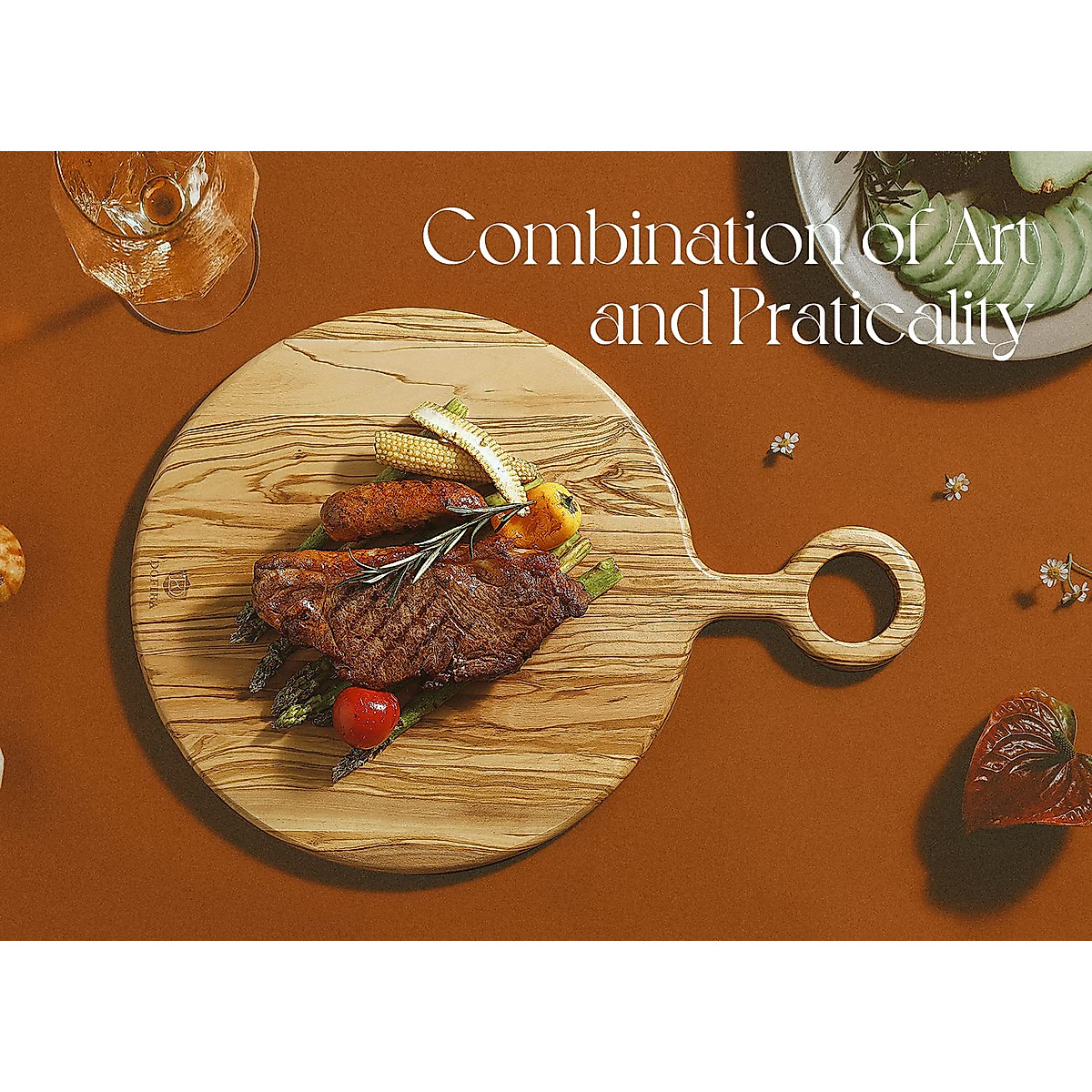 Dofira Italian Olive Wood Round Cutting Board with Ring Handle, Decorative Wooden Serving Board for Kitchen, Reversible Charcuterie Platter for Cheese, Pizza, Bread, Meat, Fruits, 17x12in [Gift Box]