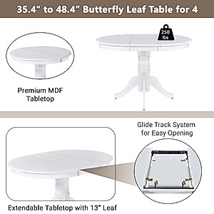 Merax Mid-Century Wood 5-Piece Extendable Dining Table Set with 4 Upholstered Chairs for Small Places, White_Round