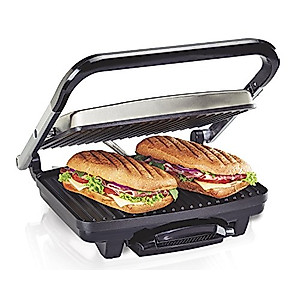Hamilton Beach Panini Press, Sandwich Maker & Electric Indoor Grill, Upright Storage, Nonstick Easy Clean Grids, Stainless Steel (25410) & Dual Breakfast Sandwich Maker with Timer, Silver (25490A)