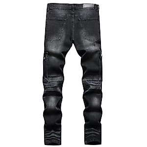 HENGAO Mens Cargo Jeans Ripped Skinny Slim Fit Stretch Jeans, Distressed Destroyed Straight Denim Pants with Pockets, 1755 Black, 40