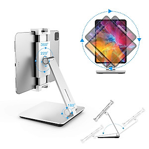 Tablet Stand, Adjustable Heavy Duty Aluminum Phone Stand, 360° Swivel Foldable Holder for iPad, Samsung Tab, Kindle (4.7-13"), Design for Desk Kitchen Bedside Office (Silver)