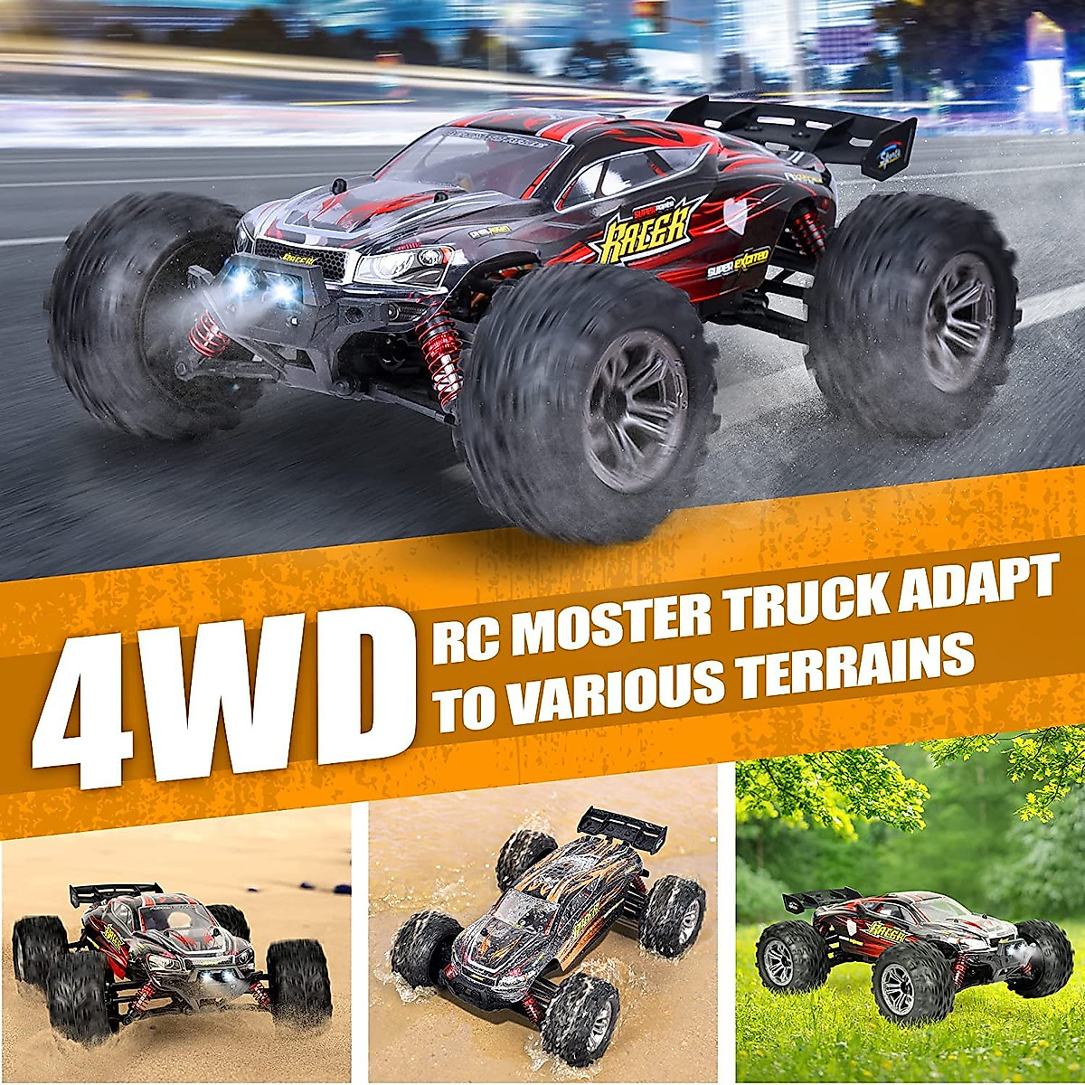 Hosim 1:16 36+kmh 4WD High Speed RC Car, Remote Control Truck Radio Off-Road Cars Vehicle Electronic Monster Hobby Buggy for Adults and Children 3 Batteries 40+min Play