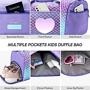 mibasies Dance Bag for Girls Duffle Bag Kids Overnight Travel Sleepover Bags Sport Gym Bag with Shoes Compartment(Mermaid Purple)