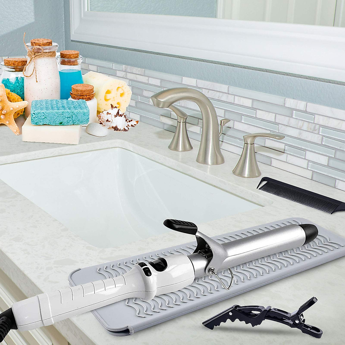 MORGLES Heat Resistant Gloves, 2 Pcs Professional Heat Gloves for Hair Styling Silicone Hot Mat 6 Pcs Hair Clips and 2 Pcs Styling Comb for Curling Iron Wands Flat Iron