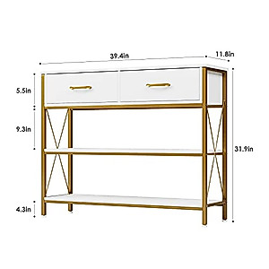 HITHOS Industrial Console Table with Drawers, Vintage Hallway Foyer Table with Storage Shelves, Narrow Long Sofa Entryway Table for Living Room, White/Gold