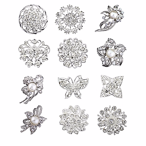 12pcs lot silver plated crystal rhinestone wedding brooches pins