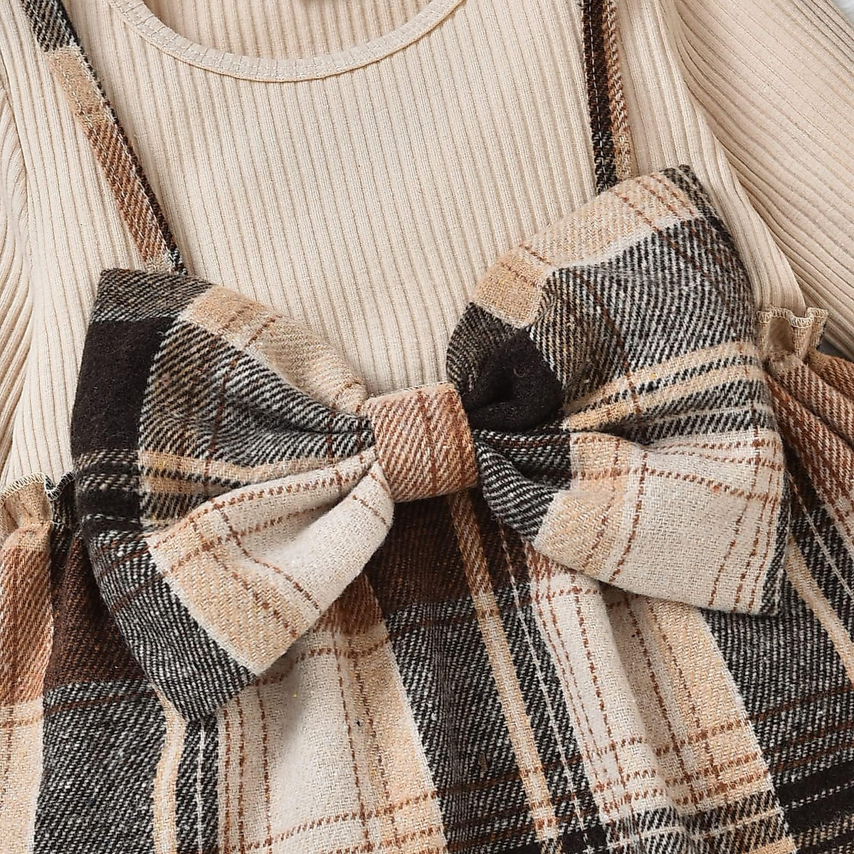 PATPAT Baby Girl Dress Newborn Infant Girls Long Sleeve Ribbed Dress Toddler Suspender Dress with Bowknot Headband Khaki 3-6 Months