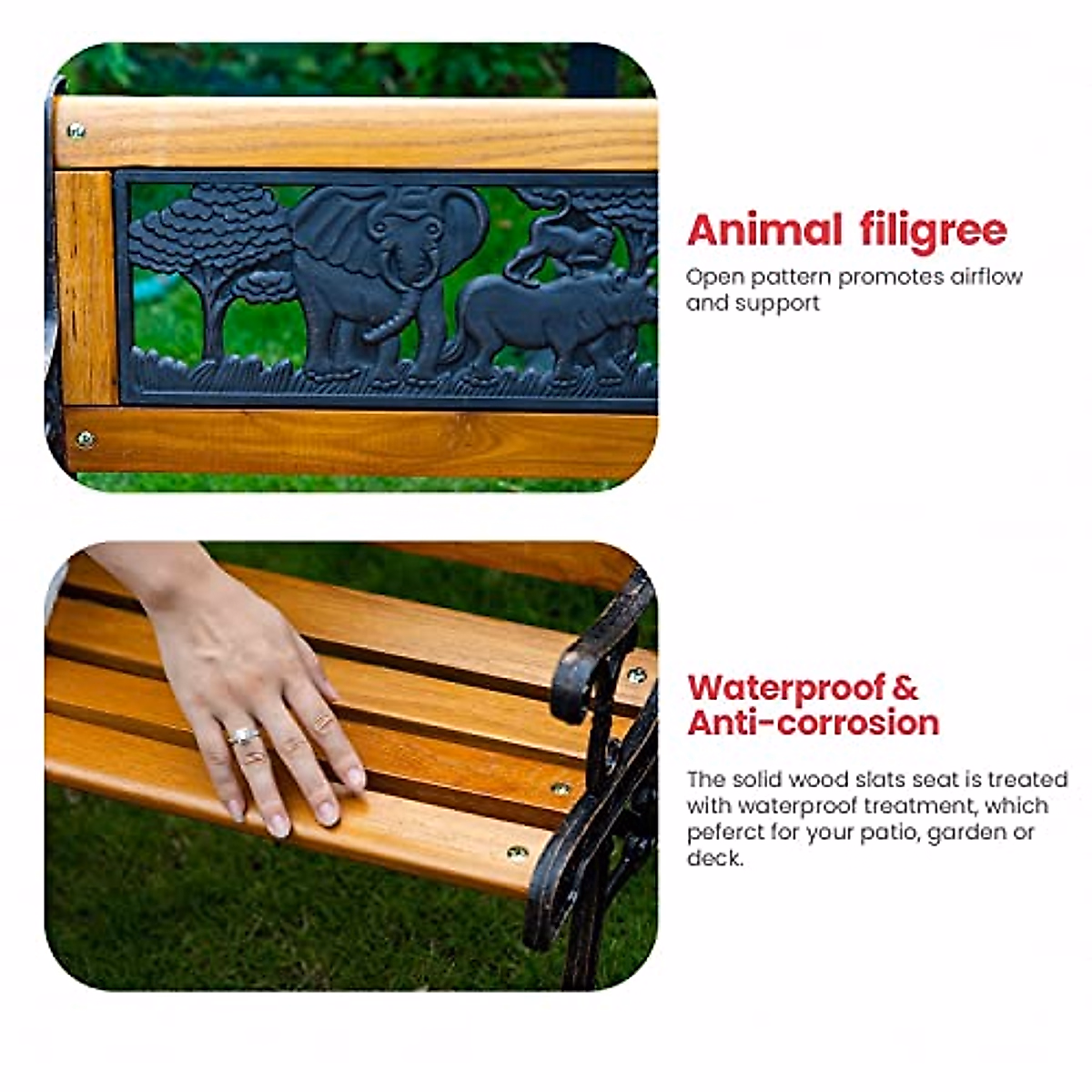 Metal Outdoor Bench Patio Bench Cast Iron Steel Frame Garden Bench Patio Furniture Chair Outdoor Wood Bench w/Animal Pattern Design Backrest, Wood Slatted Seat for Yard, Porch, Bronze