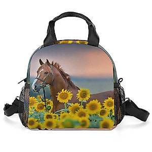 Sunflower Red Horse Lunch Bag, Lunch Box Portable Insulated Lunch Tote Bag, Thermal Cooler Bag for Women Work Outdoor
