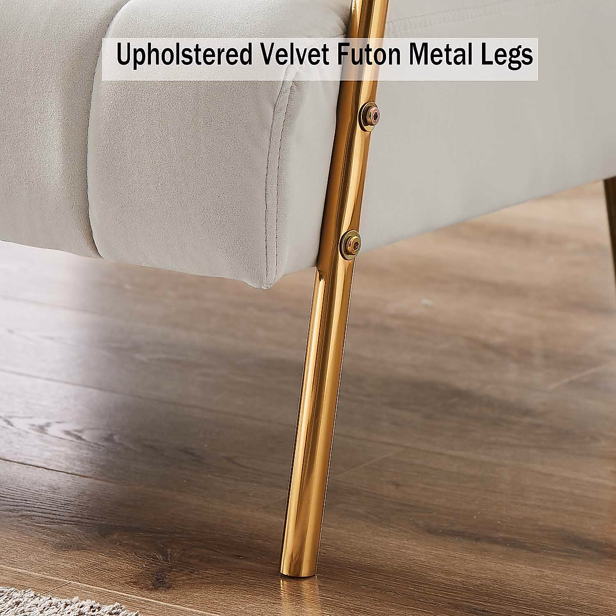 RIDFY Modern Upholstered Velvet Loveseat Sofa with 2 Pillows/Gold Metal Legs, 2 Seater Futon Sofa Couch, Cashmere Fabric Accent Mini Sofa, Living Seat for Small Spaces/Bedroom(Beige)