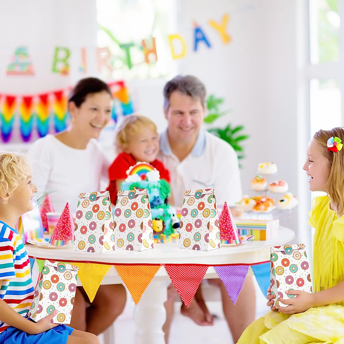 Fowecelt 24 Pack Donut Party Favor Bags, Sweet Doughnut Goodie Candy Treat Bag for kids Birthday Party Baby Shower Decoration Supplies