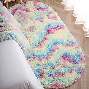 junovo Soft Rainbow Area Rugs for Girls Room, Fluffy Colorful Oval Rugs for Kids Bedroom, Cute Furry Floor Carpets Shaggy Playing Mat for Kids Teens Girls Baby Room Nursery Home Decor, 3ft x 5ft
