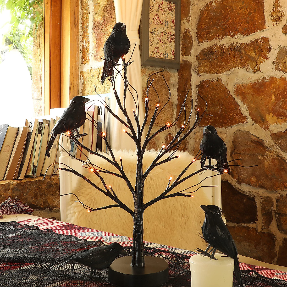 ATDAWN Halloween Birds, Black Feathered Crows, Realistic Looking Halloween Decoration Birds (6.7")