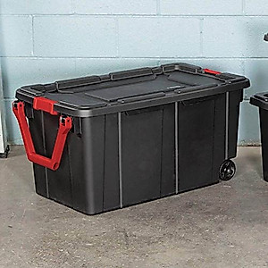 Sterilite 40 Gal Wheeled Industrial Tote, Stackable Storage Bin with Latch Lid, Plastic Container with Heavy Duty Latches, Black Base and Lid, 4-Pack