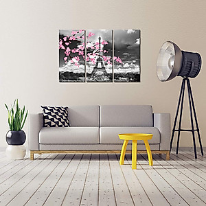 sechars 3 Piece Pink Flower Wall Art Cherry Blossom Tree with Black and White Paris Eiffel Tower Painting Canvas Prints Romantic Artwork for Home Wall Decor Ready to Hang Each Piece 12x24inch