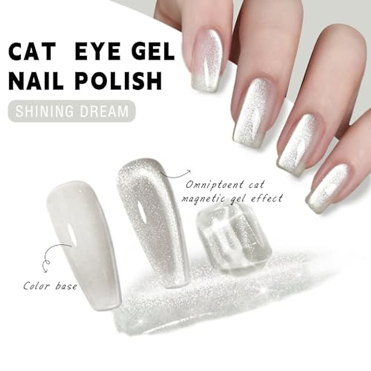 HOSAILY 15ml Cat Eye Gel Nail Polish, New Mirror Nude White Diamond Glitter Holographic Shiny Nail Polish with Magnet, Reflective Translucent UV Gel for Salon Home DIY Nail Manicure