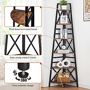 HOMBAZAAR Corner Shelf, 72 Inch Industrial Corner Bookshelf, 6 Tier Tall Corner Ladder Shelf with Metal Frames, Rustic Corner Shelf Stand for Living Room, Bedroom, Office, Rustic Brown