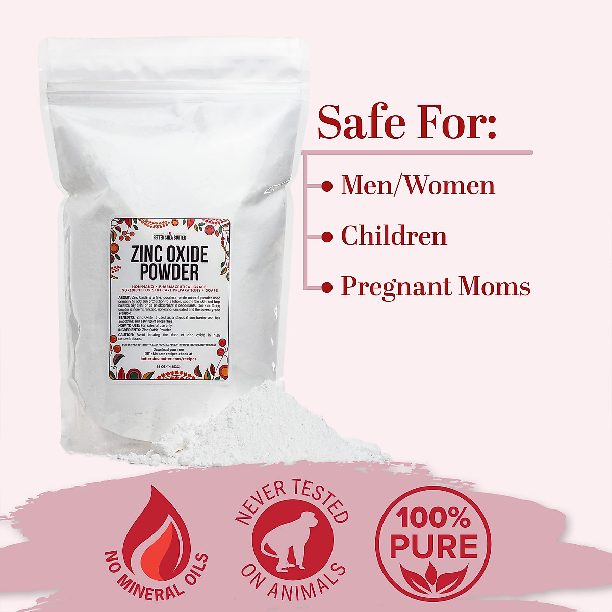 Zinc Oxide Powder | Uncoated, Non Nano Zinc Oxide | Pure, Pharmaceutical Grade | Use in Homemade Sunscreen Lotion | Diaper Rash Cream, Deodorant DIY, Zinc Oxide Ointment | 1 LB by Better Shea Butter