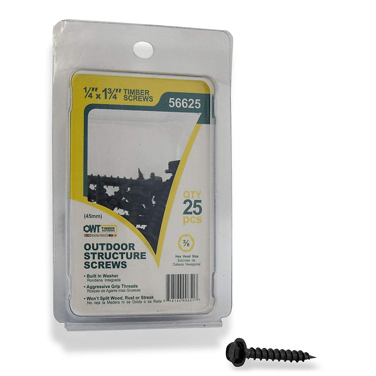 OZCO 56625 1/4-inch by 1-3/4-inch OWT Timber Screws, (25 per Pack), Black