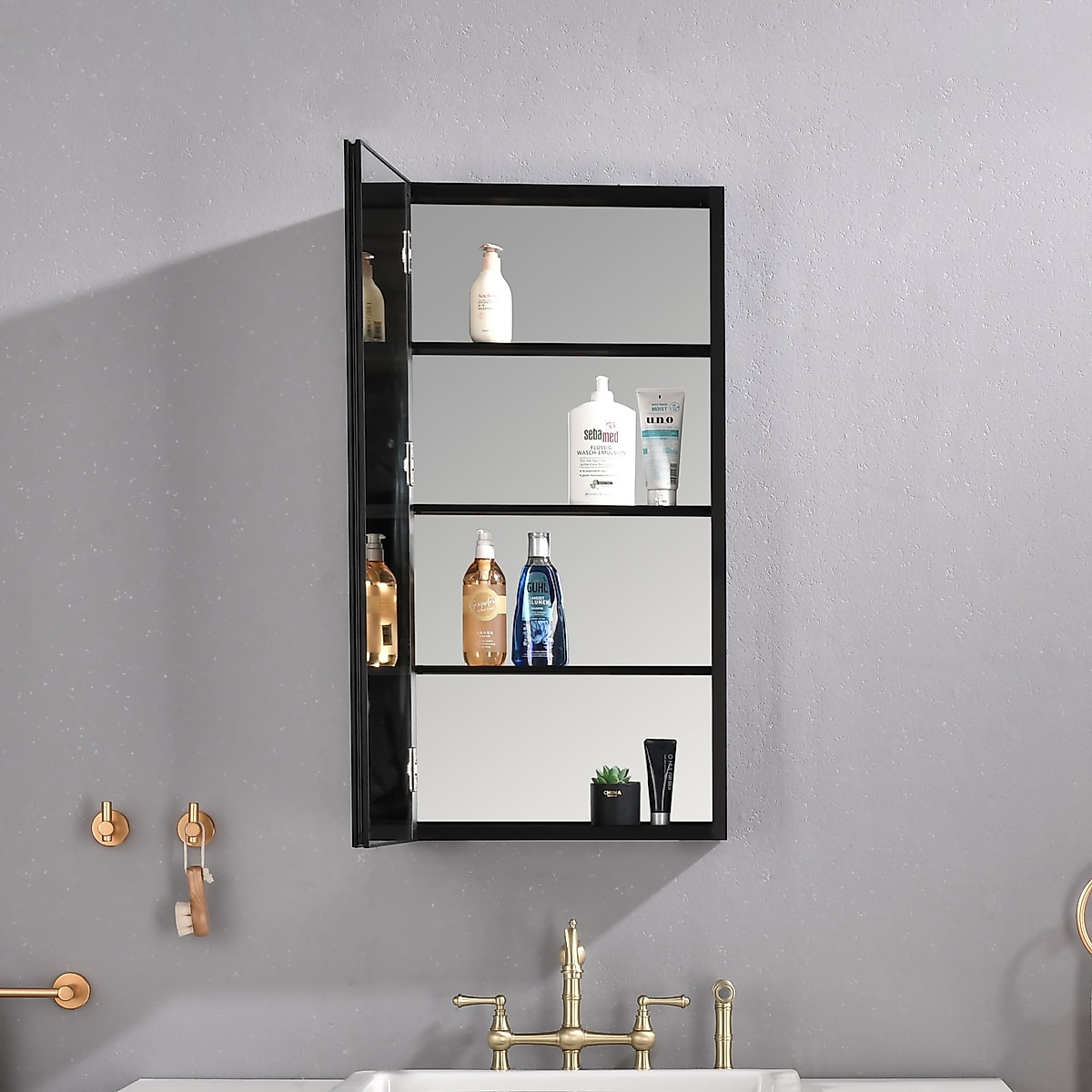 THNIKRE Black Medicine Cabinet, 18x36 inch Single-Door Bathroom Cabinet with Mirror, Wall Mounted Cabinet Medicine Full-Overlay Mirrored with Beveled Edges, Recessed or Surface Mount Aluminium 38lbs
