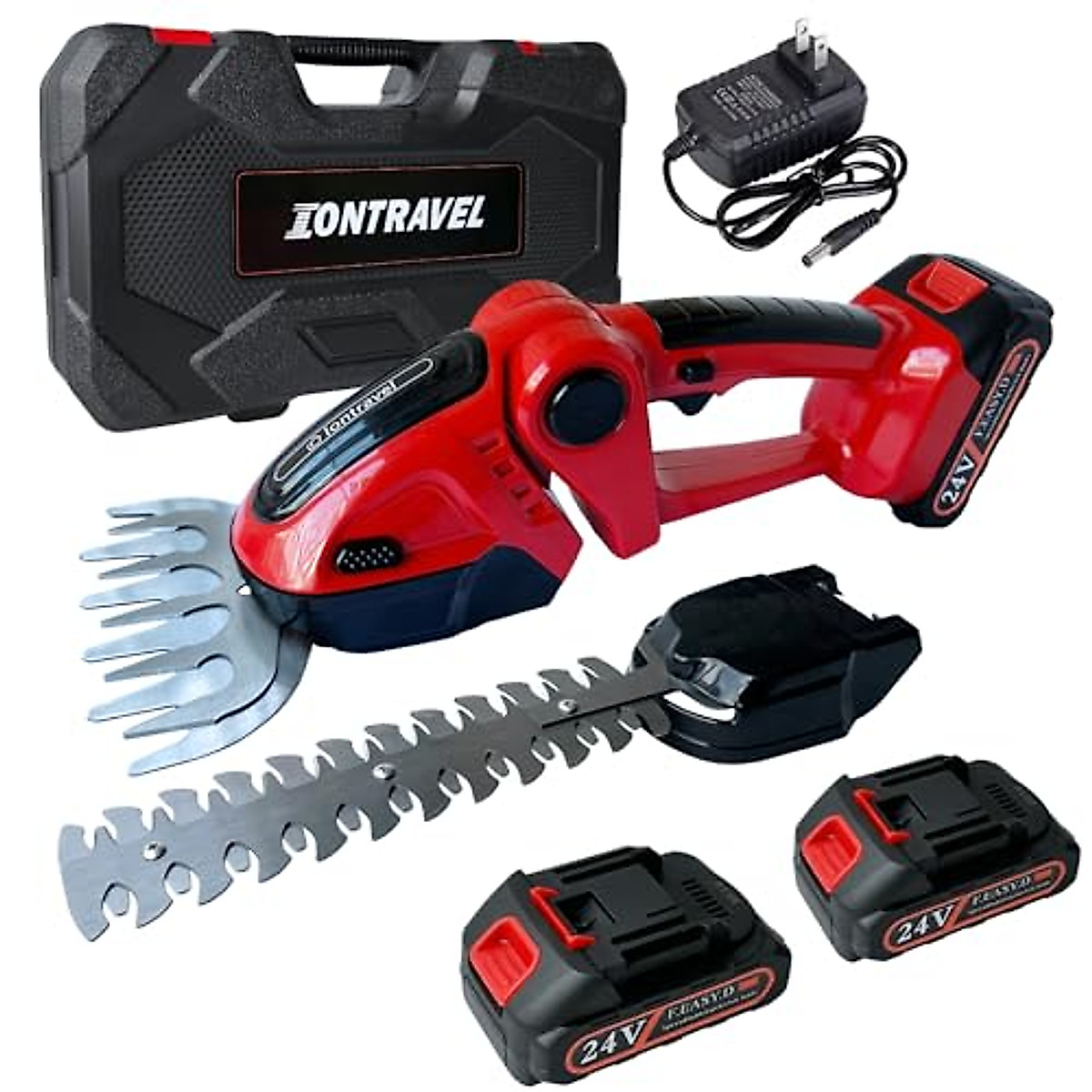 Cordless Hedge Trimmer-24V Electric Shrub Trimmer Grass Shears Handheld Grass Cutter, Hedge Shear with 2 PCS Rechargeable Battery, Charger and Toolbox to for Garden, Lawn, Red