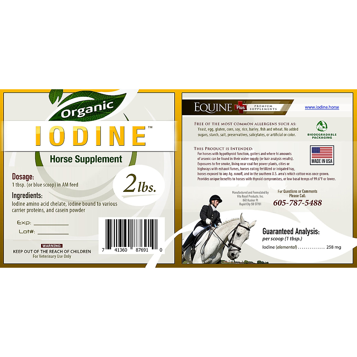 Organic Iodine 2 lbs. - Nutritional Supplement for Horses, Animals - w/ 18 Amino Acids