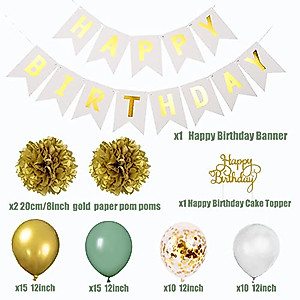 Sage Green Party Decorations White Happy Birthday Banner Sage Green and Gold Balloons Olive Green Confetti Dots Scatter Table Decoration for Girls Women Birthday Baby Shower Party Supplies