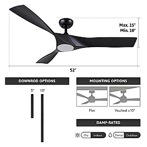VONLUCE Ceiling Fan with Light and Remote Control, 52 Inch Modern Fan with 3 Blades Noiseless DC Motor for Bedroom, Living Room, Kitchen, Study, Black