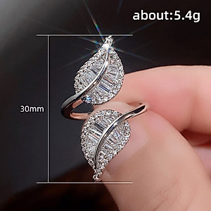 Vsoruln Diamond Leaf Ring for Women Wedding Band Sterling Silver Twisted Olive Branch Leaf Simulated Round Brilliant Adjustable Open Zircon Ring Promise Wedding Band
