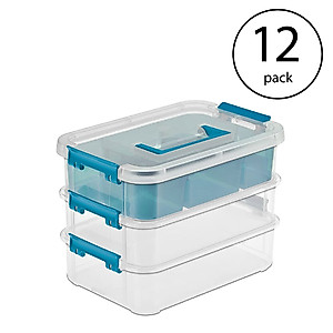 Sterilite Stack and Carry 3 Layer Handle Box and Tray, Plastic Small Storage Container with Latch Lid, Organize Crafts, Clear with Blue Tray, 12-Pack