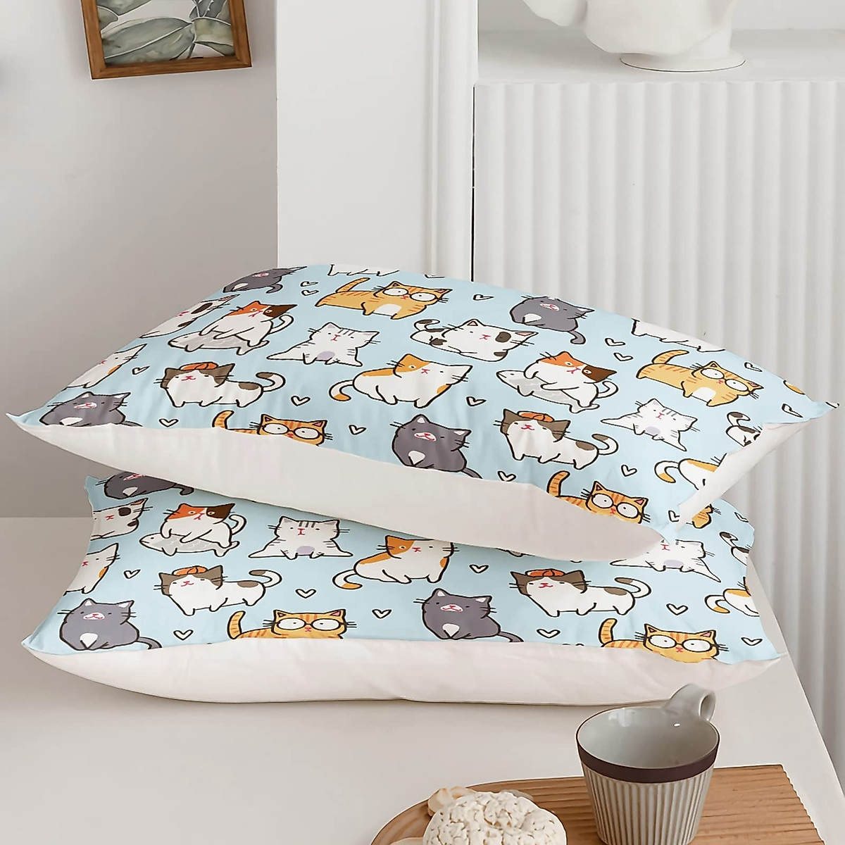 BailiPromise Cartoon Cat Bed Sheet Girls Boys Little Kitten Bedding Set for Teens Children Cute Cat Fitted Sheet Flat Sheet Kawaii Animal Bed Cover 4Pcs Twin Size