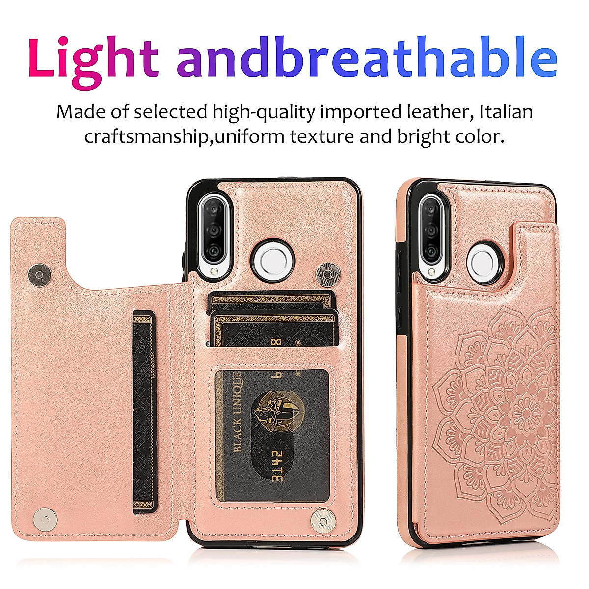 Asuwish Compatible with Huawei P30 Lite Case and Tempered Glass Screen Protector Cell Accessories Card Holder Slot Stand Kickstand Flip Wallet Phone Covers for Hawaii P30Lite P 30 30Lite 30P Rose Gold