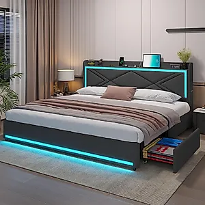 HAUOMS King Size LED Bed Frame with Storage Headboard and Charging Station, Upholstered King Platform Bed Frame with 4 Drawers, Upgraded 2-Row Support Bars, Noise Free, Dark Grey