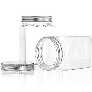 Bekith 16 Pack Clear Plastic Jars With Screw On Lids, 16 OZ Airtight Containers for Food Storage, Refillable Square Empty Plastic Storage Jars for Dry Food, Peanut Butter, Honey, BPA Free