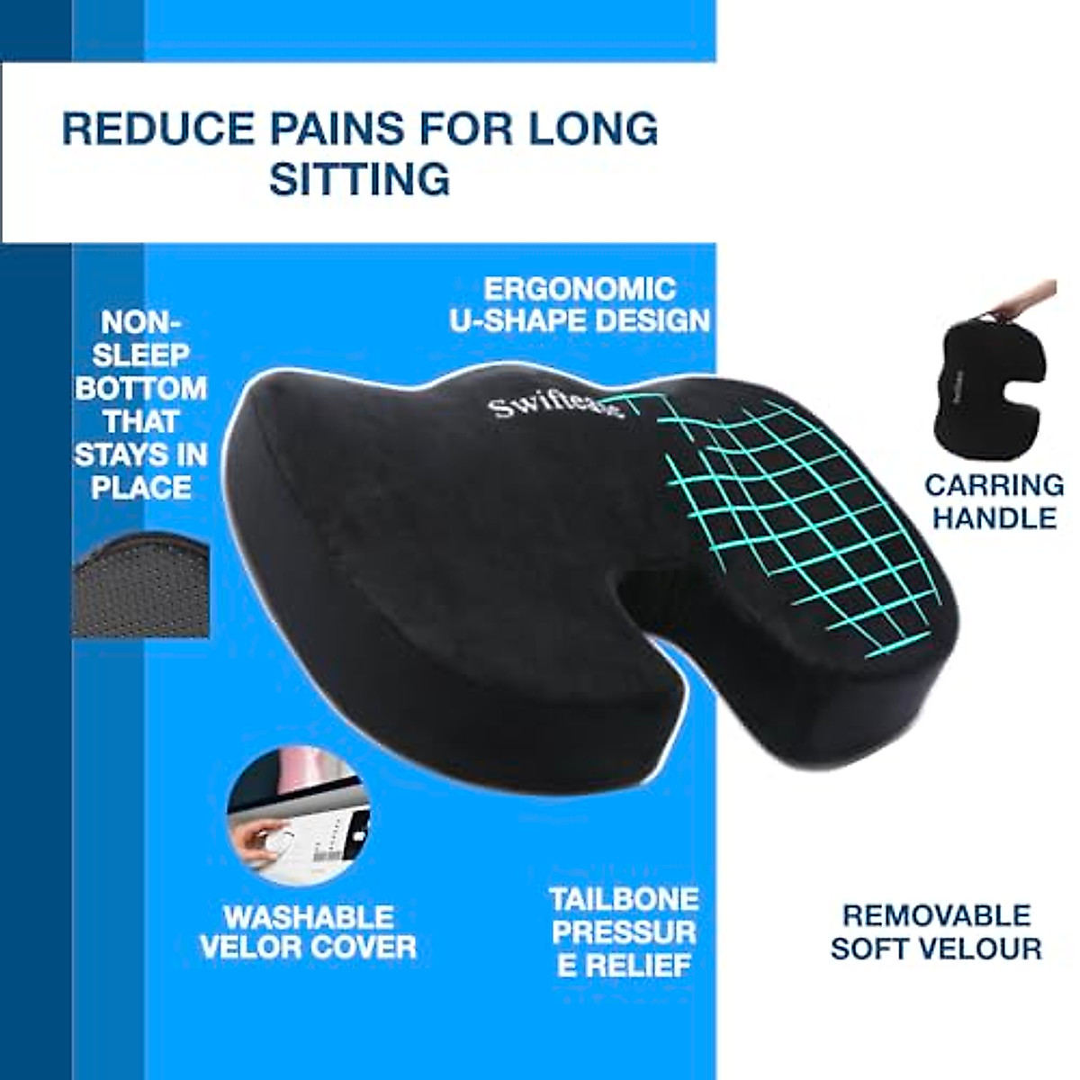 Swiftease Memory Foam Seat Cushion for Chair Long Sitting Hours Office Desk Car Chair Butt Pillow Body Travel Wheelchair Premium Gaming School Pain Relief and Travel Carrying Bag Included