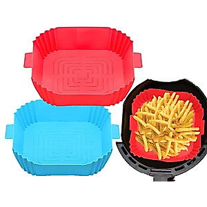Air Fryer Silicone Liners (2-Pack), Reusable Square Air Fryer Liners Heat Resistant Silicone Air Fryer Liners Air Fryer Accessories For 4 To 7 Qt Air fryers (Red+Blue)