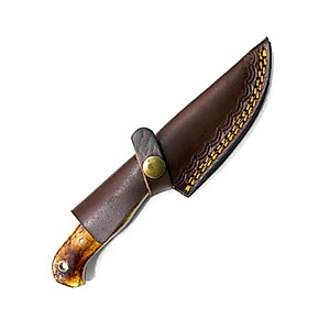 Titan International Knives High Carbon Damascus Steel Hand Forged Hunting,Camping and Survival Knife for Men Fixed Blade and Burnt Camel Bone Handle with Leather Sheath