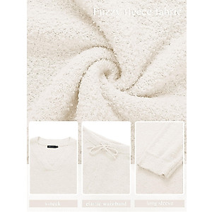 MEROKEETY Women's 2 Piece Outfits Fuzzy Fleece Pajama Set Long Sleeve Top Wide Leg Pants Loungewear,Beige,M