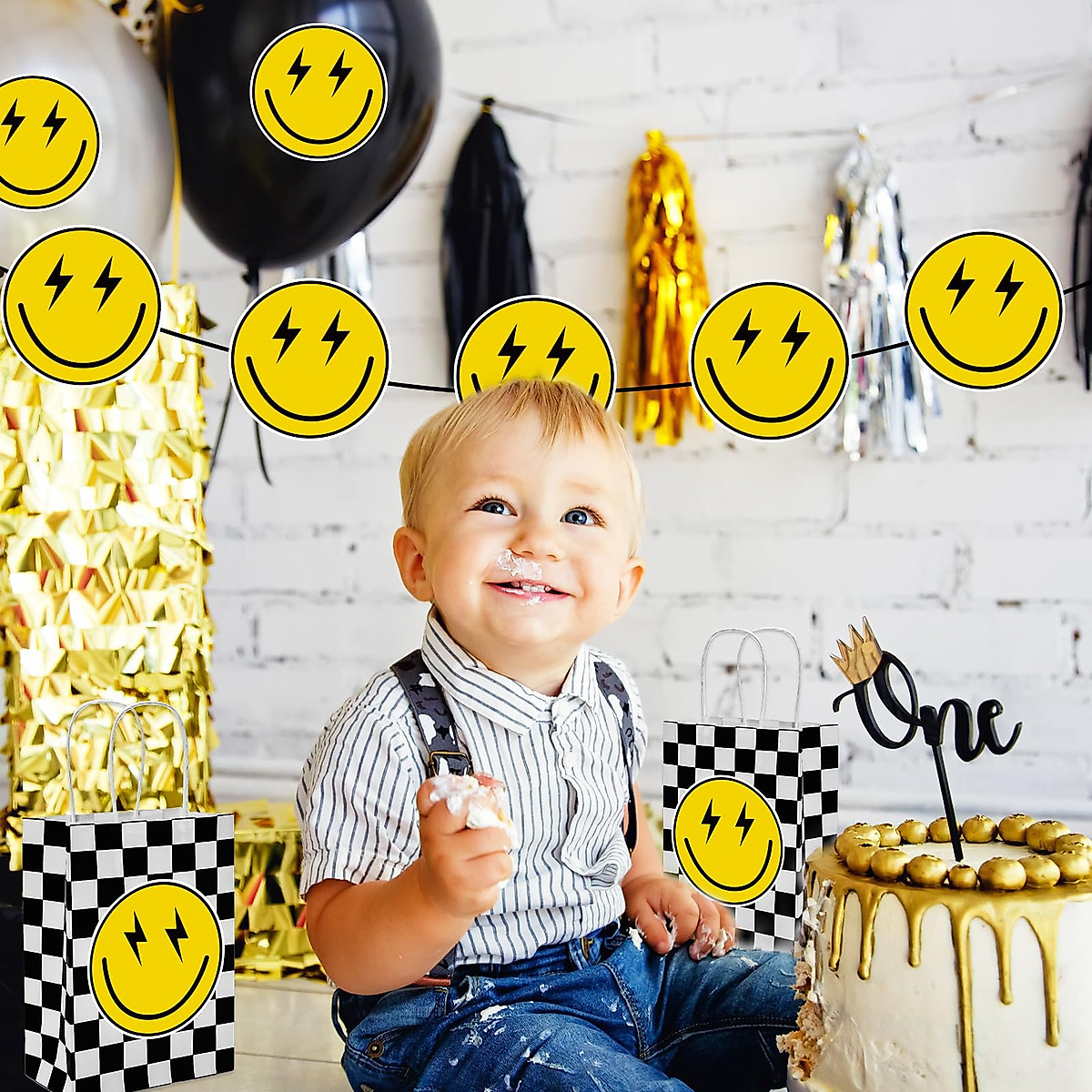 AnyDesign 16Pcs One Happy Dude Party Favor Bags Smile Face Paper Gift Bags with Handles Bulk Checkered Grocery Treat Bags Candy Goodies Bags for Baby Shower First Birthday Party Decor Supplies