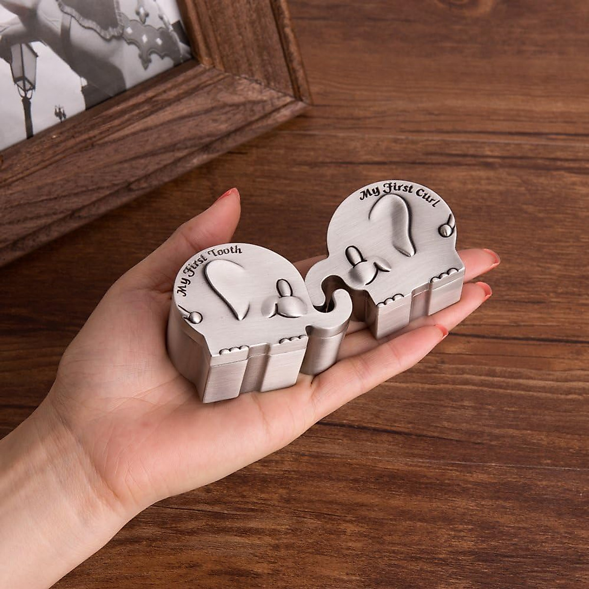 Feyarl Kids First Curl and Teeth Fairy Holder Containter Keepsake Box Tins Keeper for Christening Newborn Shower Kids Birthday Gift Metallic Engraved Elephant Shape (2.4 x 1.6 x 1.2 inches)