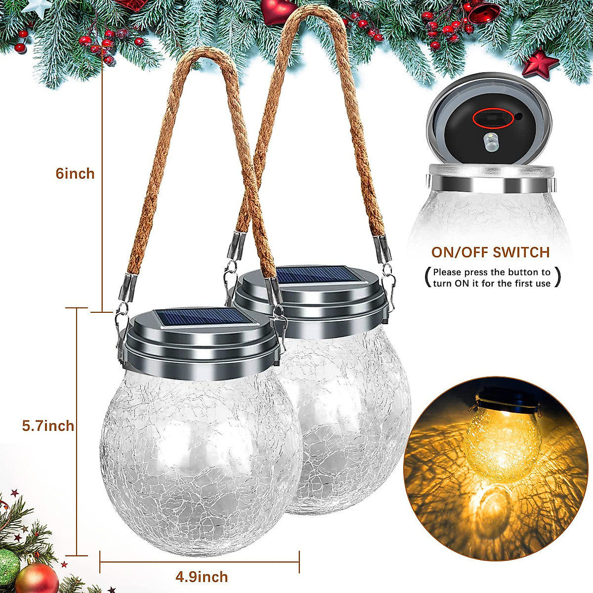 Yipetor 2 Pack Hanging Outdoor Solar Lights - Hanging Night Lights Gifts, Garden Decorations Crackle Glass Globe for Holiday, Yard, Garden, Patio and Lawn Landscape