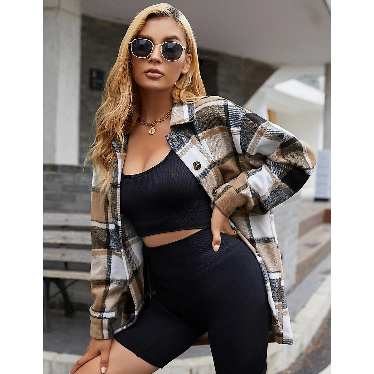 Yeokou Women's Fall Color Block Plaid Flannel Shacket Jacket Button Down Shirt Coat Tops(Khaki-S)