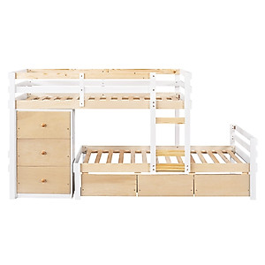 Bellemave Low Loft Bed with Storage Drawers and Dresser, Wood Twin Over Twin Bunk Bed Frame for 2 Kids, Modern Junior Loft Beds with Storage and Platform Bed for Boys Girls Teen,White With Natural
