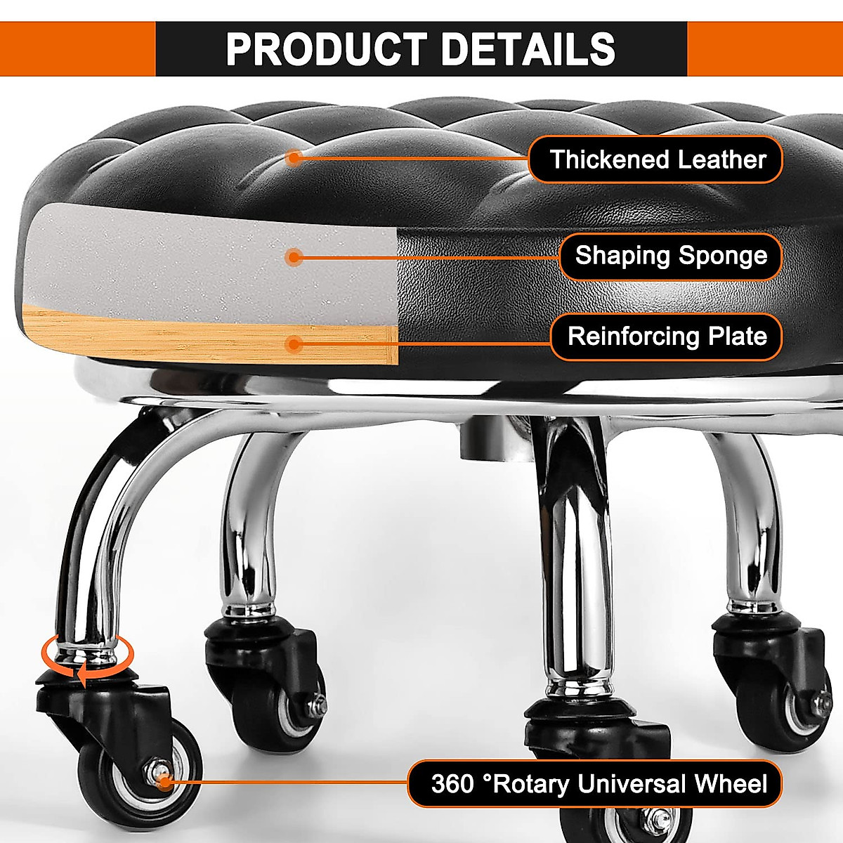 FLOLXNB Low Rolling Stool, Low Stool with Wheels, PU Leather Low Roller Seat Stool Chair, Rolling Seat Stool for Home Office Garage Shop (Style 1)