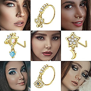 JOERICA 12 Pcs 20G Dangle Nose Rings for Women Nose Stud L Shaped Stainless Steel Nose Ring Hoops Butterfly Heart Moon Flower Evil Eye Crown CZ Dangling Nose Piercing Jewelry