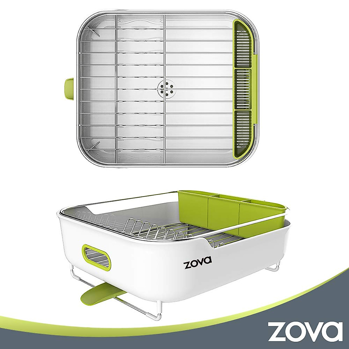 zova Premium Stainless Steel Dish Drying Rack with Swivel Spout, Dish Drainer Utensil Organizer for Kitchen– Medium, White &Green