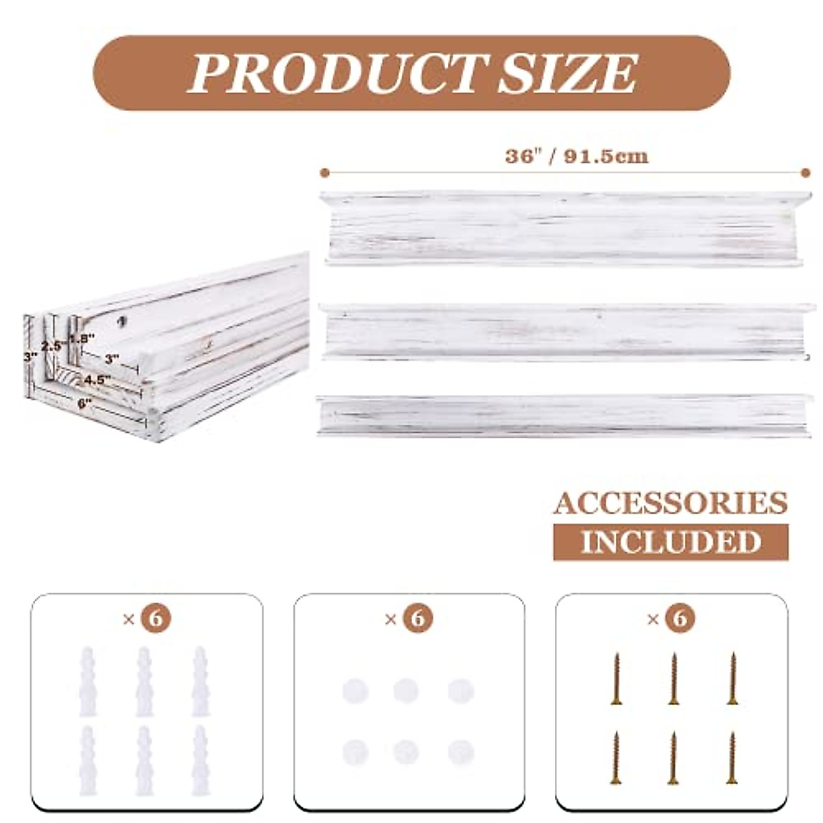 CRCHOM Picture Ledge Shelf 36" Wood Photo Shelves for Wall Mounted Long Floating Shelves with Lip Set of 3 Display Ledge Book Shelf for for Home Decor,Rustic White