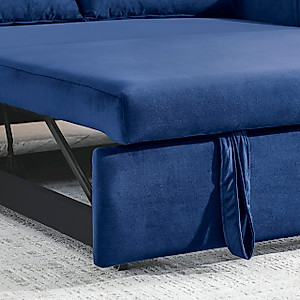 Miscoos 55" Velvet Convertible Sofa Modern Loveseat with Pull-Out Bed, Adjustable Backrest, Detachable Arm Pockets, Grid Design Armrests, and 2 Pillows-Ideal for Living Room, Blue